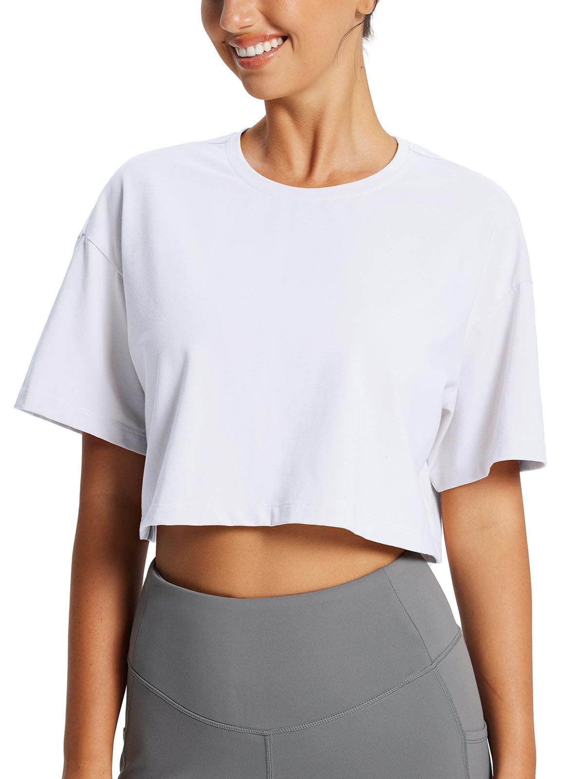 BALEAF Women's 𝐏𝐢𝐦𝐚 𝐂𝐨𝐭𝐭𝐨𝐧 Workout Crop Tops [Loose Fit] [Cute Crewneck] Short Sleeve Gym Athletic Casual T-Shirts White 3XL