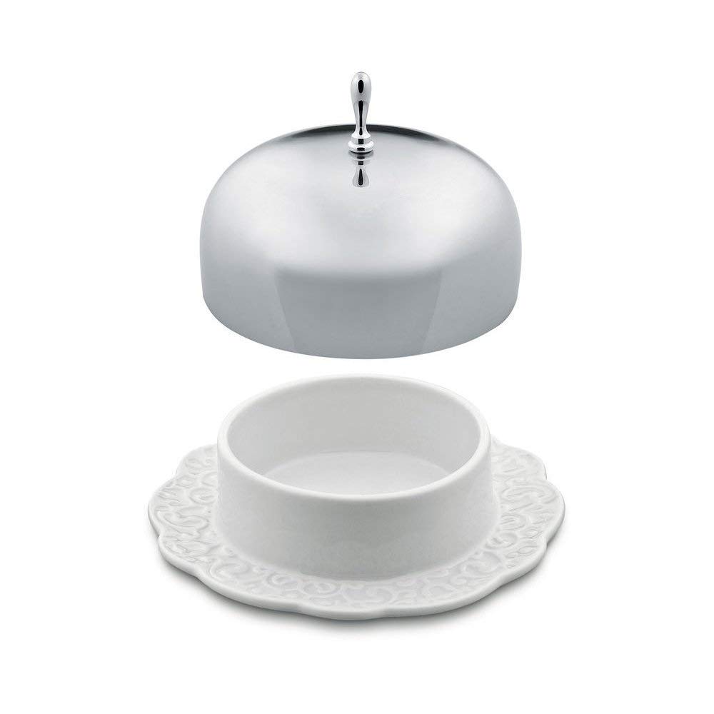 Alessi "Dressed" Butter Dish in Porcelain With Lid in 18/10 Stainless Steel Mirror Polished, White