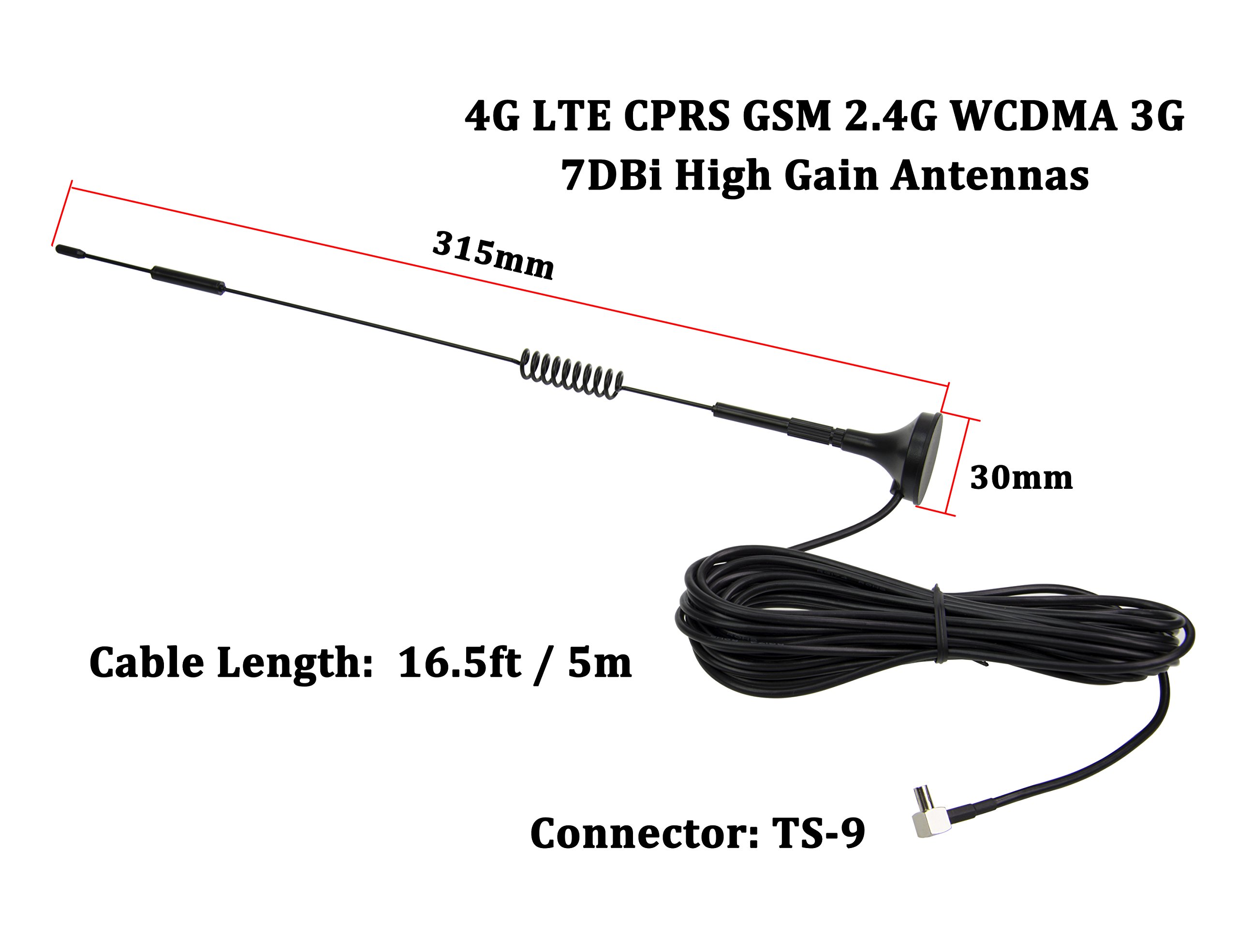 TS9 Connector Antenna 7DBi High Gain 4G LTE CPRS GSM 3G 2.4G WCDMA Omni Directional Antenna with Magnetic Stand Base 5m RG174 Extension Cable for WiFi Router Mobile Broadband Outdoor Signal Booster