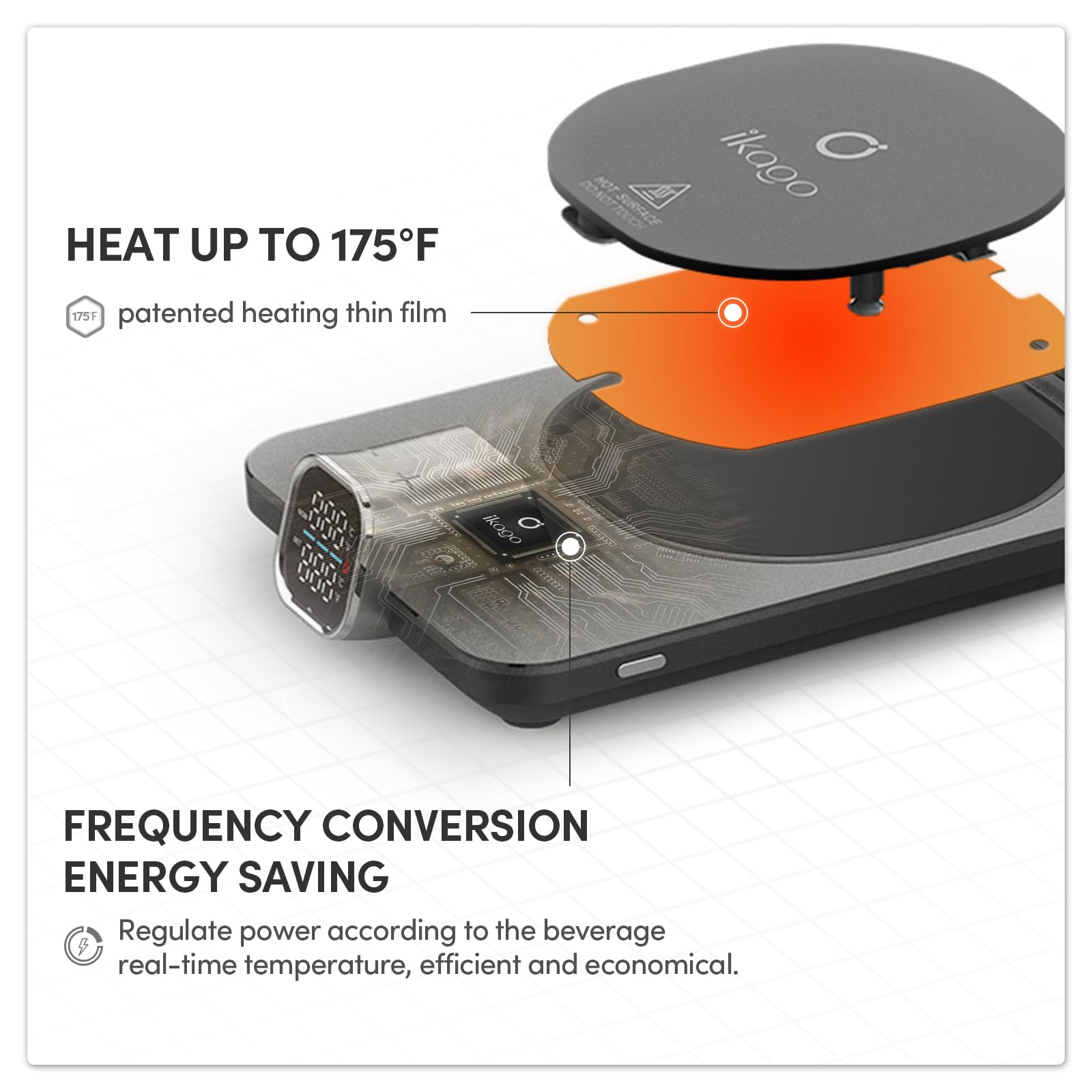 ikago Smart Mug Warmer Plate No Sound - Accurate 1β Temperature Control with Cup Sensing, Digital Display, Auto Shut-Off, Perfect for Desk & Cool Birthday Gifts for Women and Men