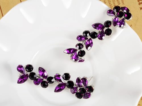 Alilang Metal Tone Grape Colored Stone Embellished Flower Leaves Dangling Earrings, Purple