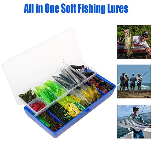 Amarine Made 102PCS Lifelike Soft Plastic Fishing Lures Fishing Bait Set with Tackle Box for Bass Trout Slow Sinking Bionic Swimming Lures Including Paddle Tail Swimbaits Curved Tail Grubs