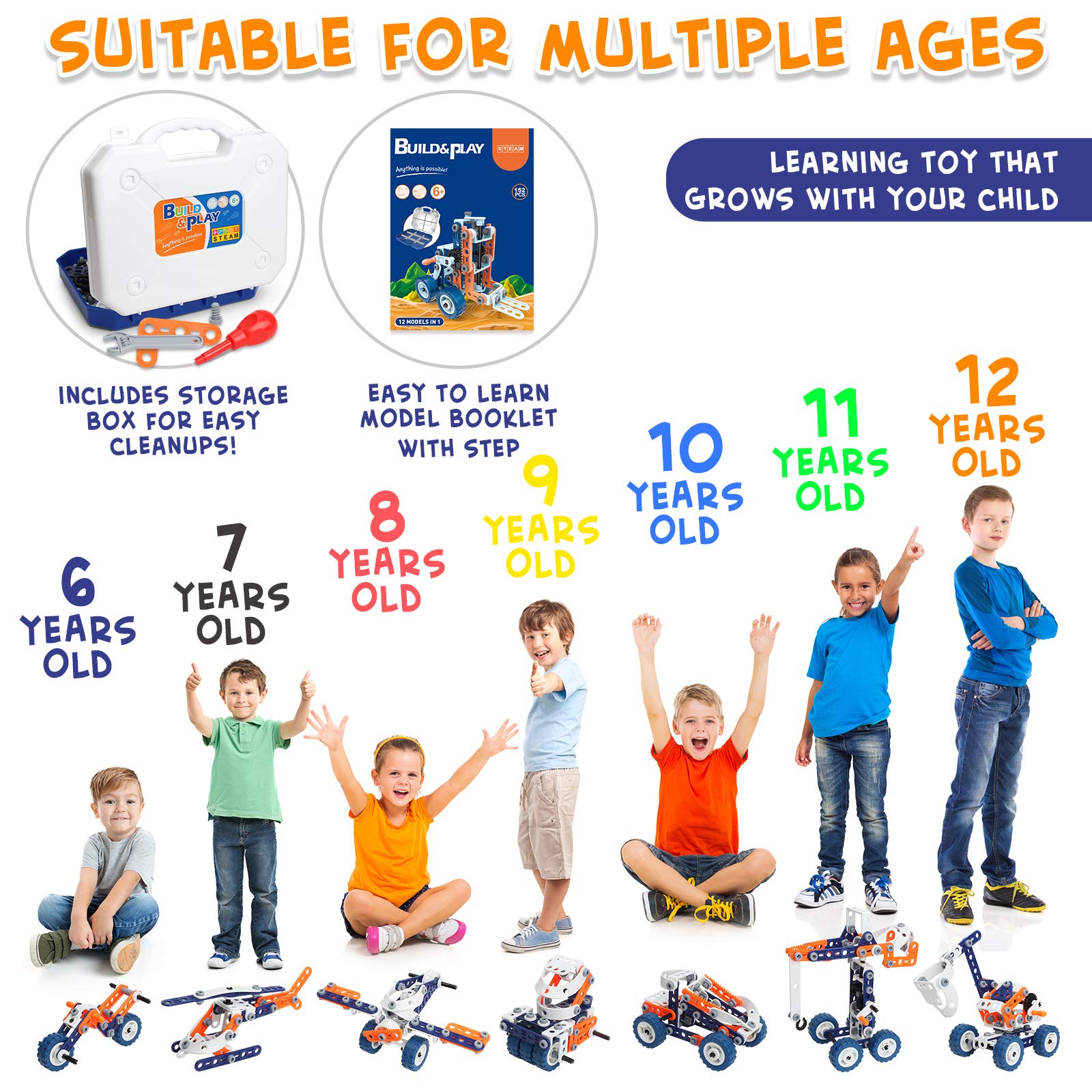 Building Toys Kits 152 Piece STEM Toys Erector Set for Boys Creative Construction Engineering Fun Educational Building Blocks Set for Boys and Girls Ages 6 7 8 9 10 11 12 Year Old, Best Toy Gift