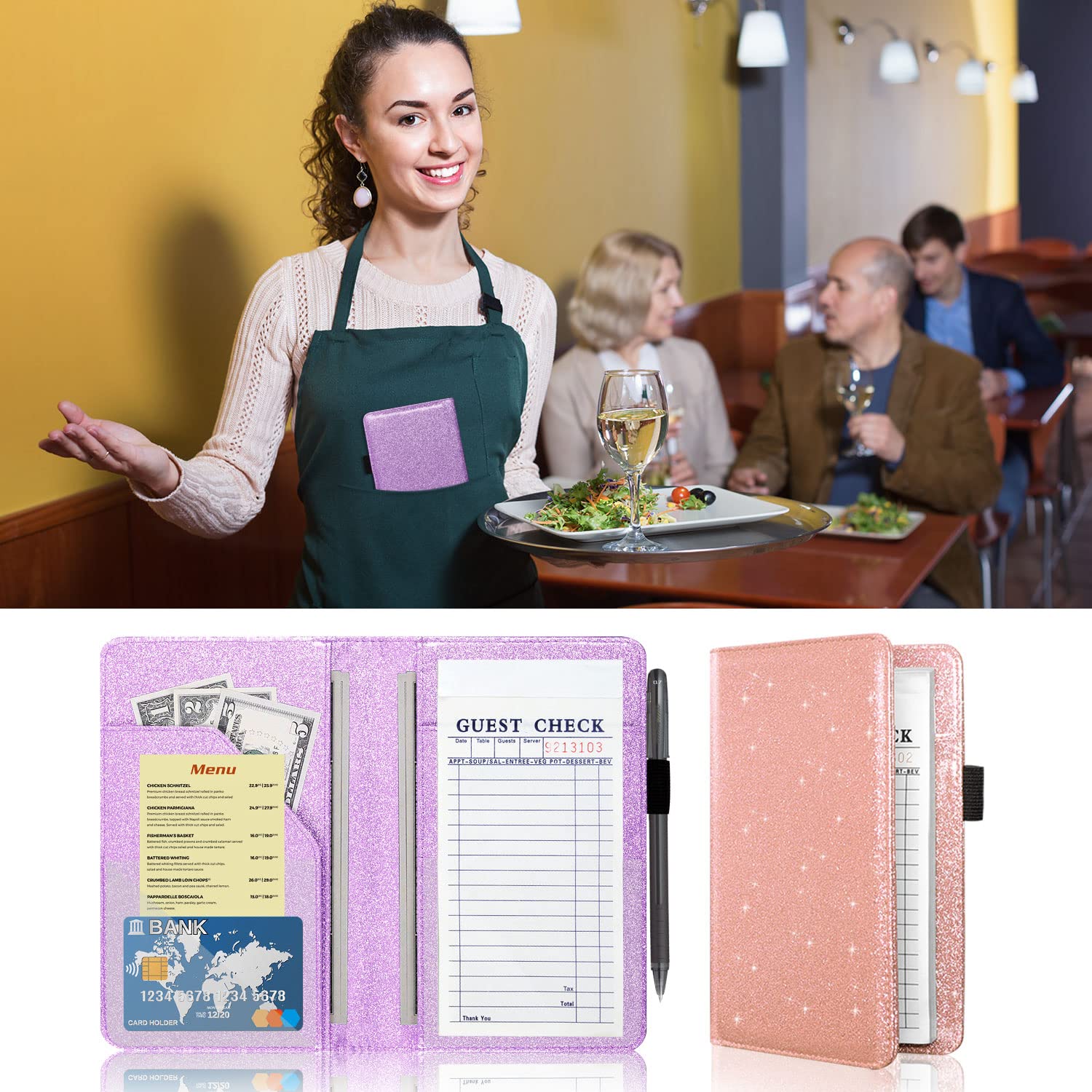 ACdream Server Books for Waitress, Guest Book Note Pad, Cute Pocket Leather Money Organizer Wallet, Cash Check Bill Receipt Holder Presenter, Waiter Accessories Fit Server Apron