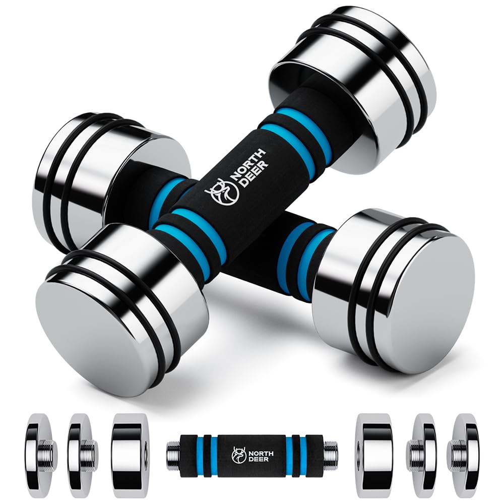 Hand Weight Set of 2 for Women 5lb Pair (3lb/4lb/5lb) Adjustable Dumbbells with Foam Handles Chrome Home Exercise Gym Workout (Standard-Finish 5lb×2)