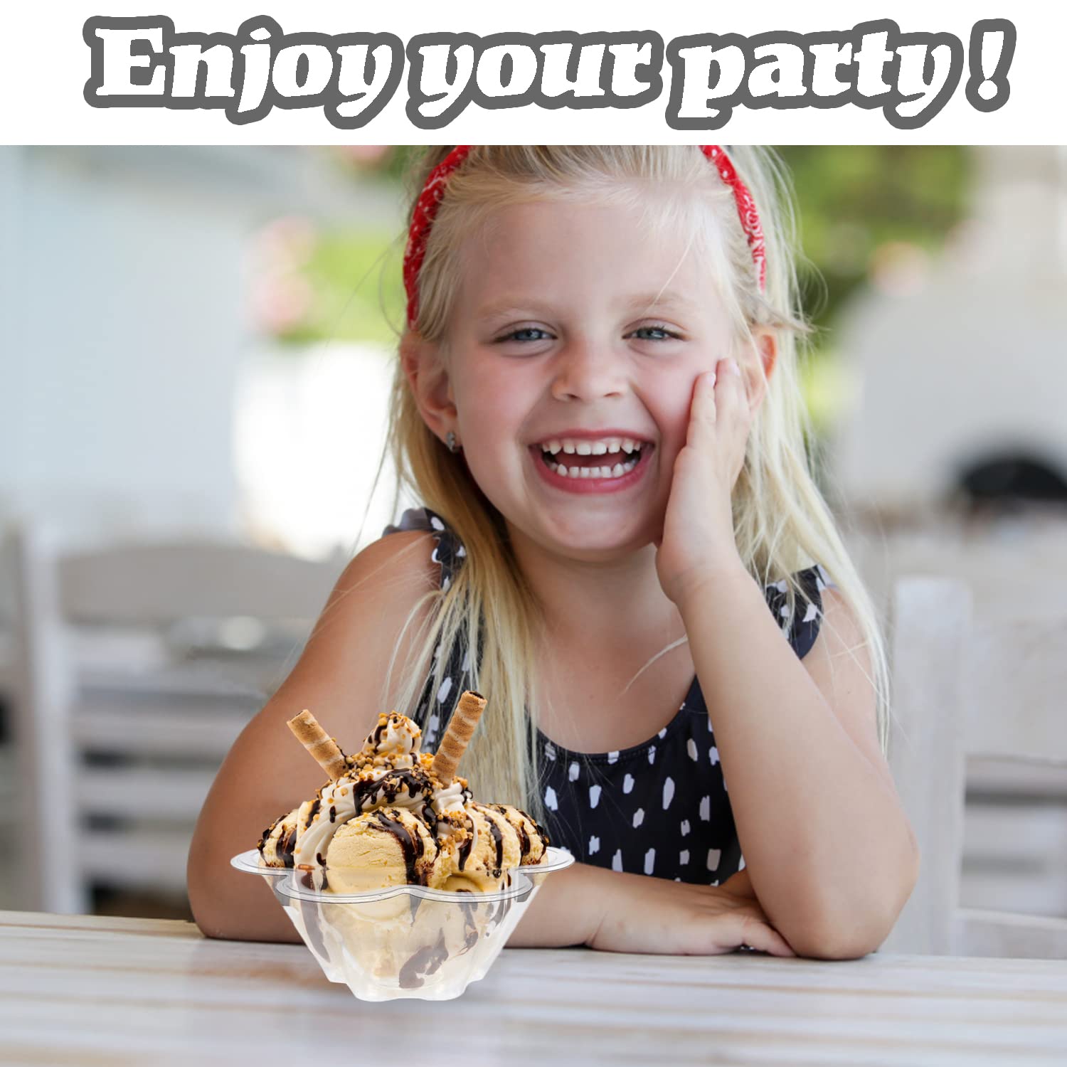 Alaeseje 100 Pack Plastic Ice Cream Bowls with Spoons,8oz Disposable Flower Shape Ice Cream Bowls,Clear Plastic Dessert Cups for Serving Parfait Fruit Salad Sundae Chocolate