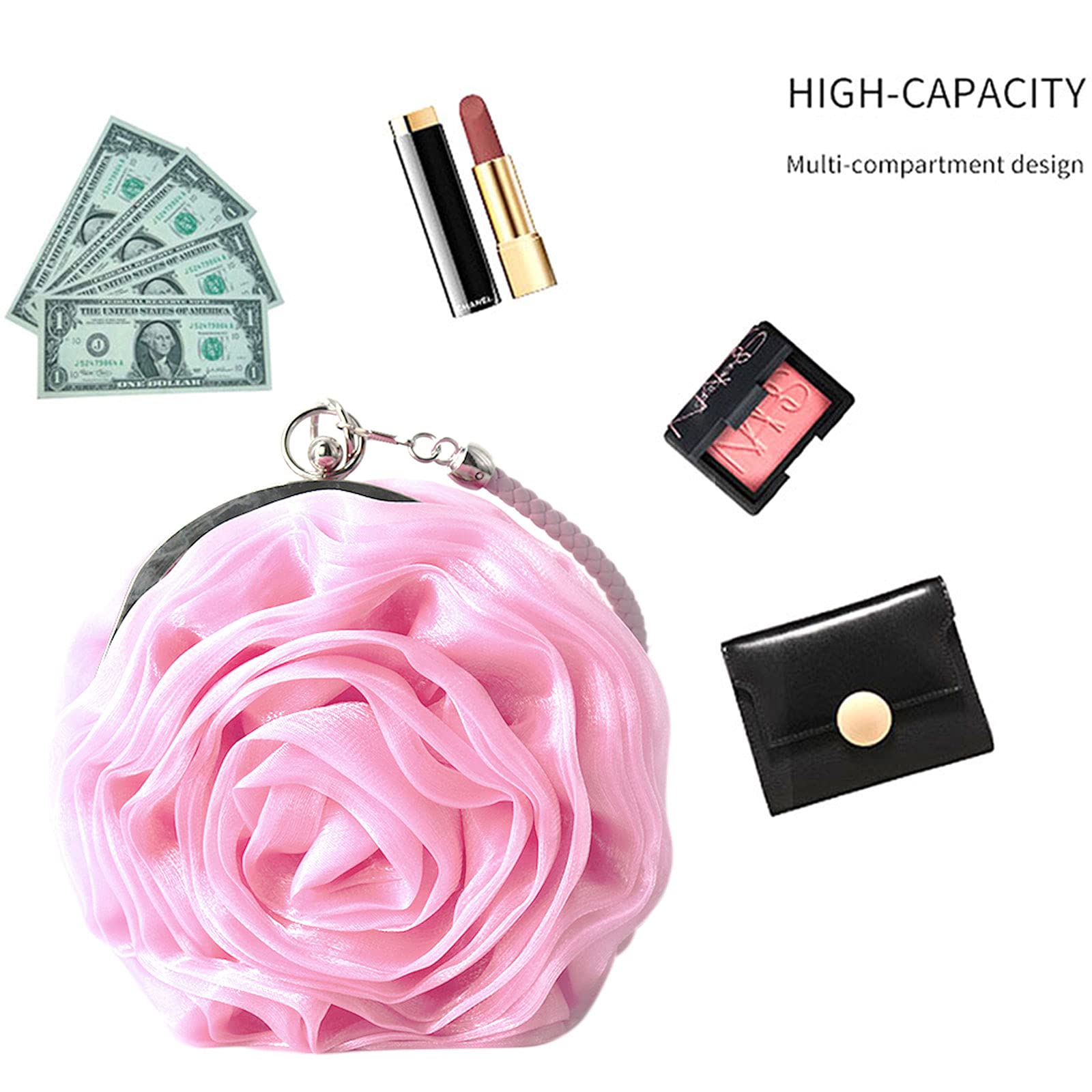 Mily Womens Satin Evening Bag Flower Shaped Wristlet (A-Pink)