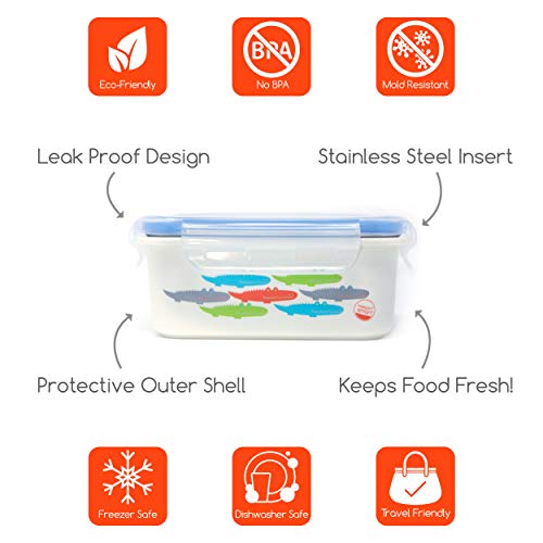 Innobaby Keepin' Fresh Stainless Bento Snack or Lunch Box with Lid for Kids and Toddlers 15 oz, BPA Free Food Storage, Blue Alligator
