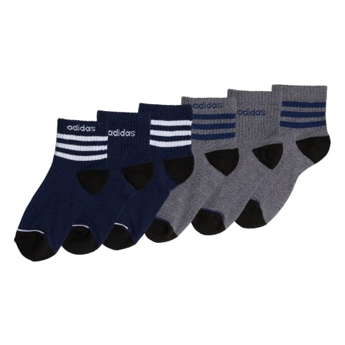adidas Boys' Youth 3-Stripe 6-Pack Quarter, Tech Indigo Blue/Onix Grey, Medium