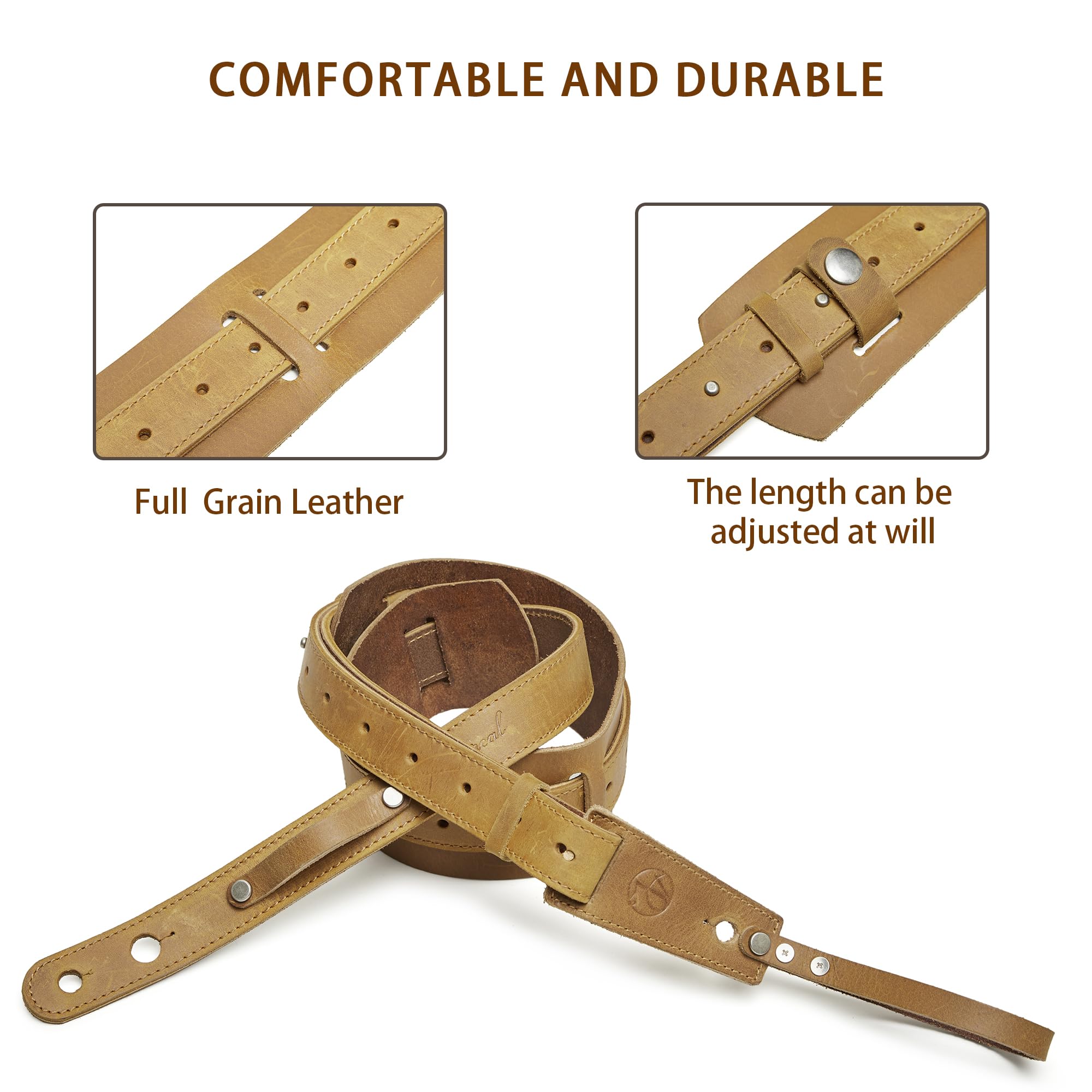 Jeereal Full Grain Genuine Leather Classic Retro Guitar Strap for Electric, Acoustic, and Bass Guitars (Dark Brown)