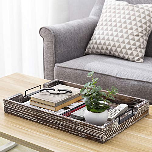 MyGift Torched Wood Large Serving Tray with Handles, 20 x 14 Ottoman Tray, Breakfast, Coffee Server Tray