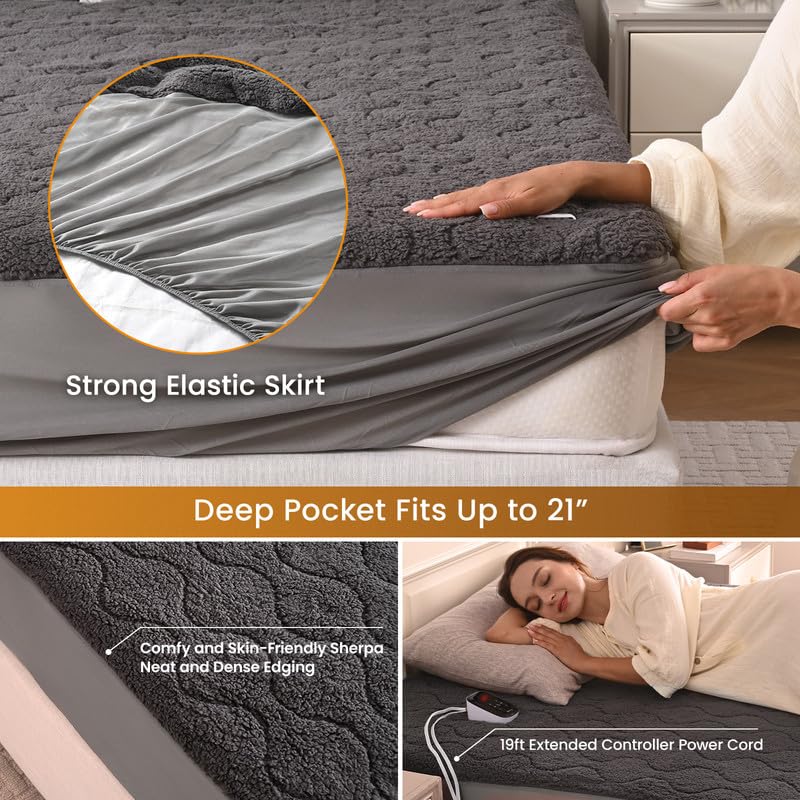 Bearhug Electric Heated Mattress Pads Full Size 54βΓ75β Sherpa Bed Warmer with 21β Deep Pocket ETL Certified Machine Washable 5 Years Warranty Gray