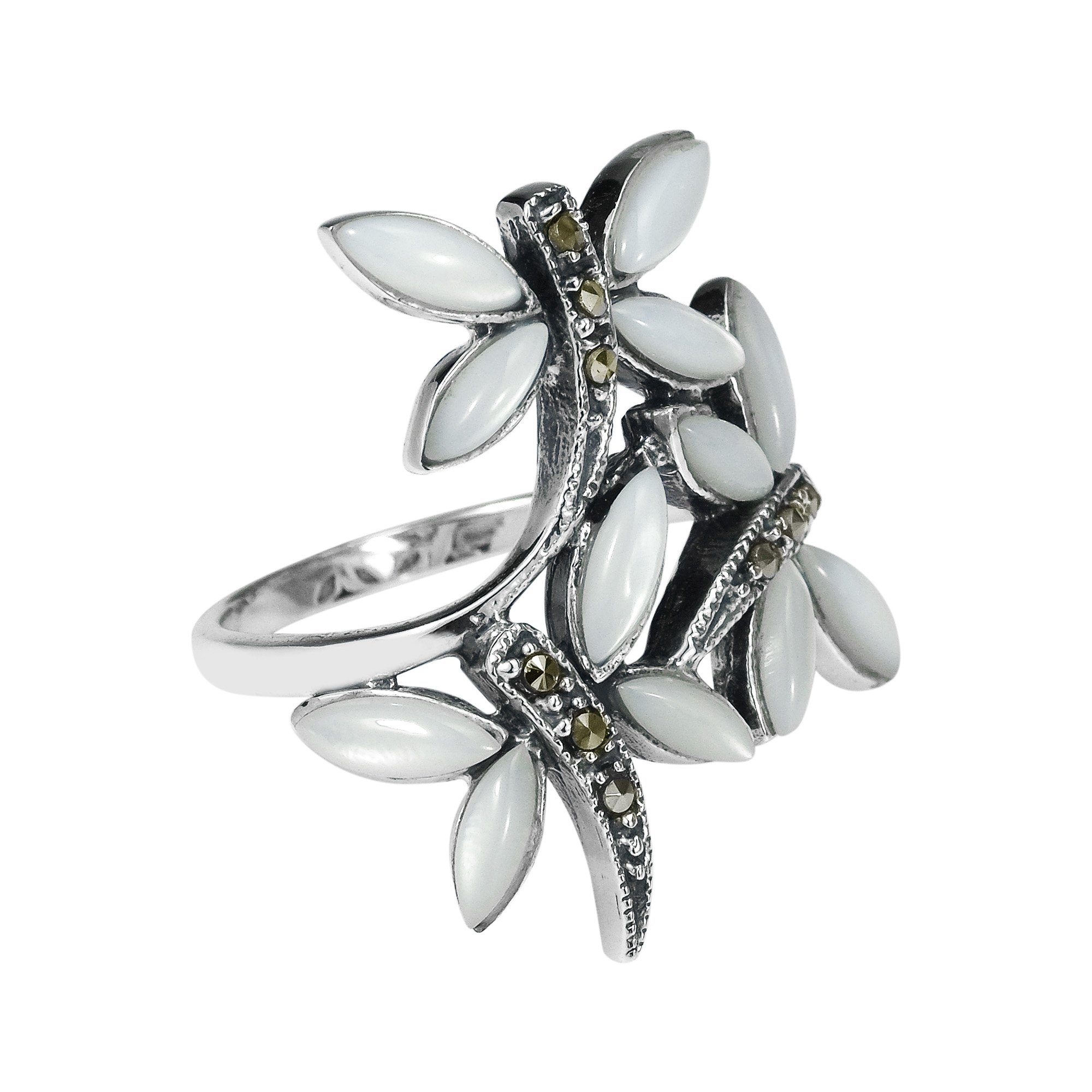 AeraVida White Mother of Pearl With Marcasite Style Pyrite 3-Dragonfly .925 Silver Ring (8)