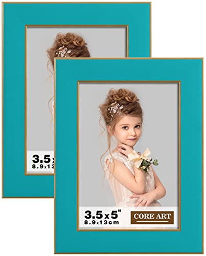 CORE ART 3.5x5 Picture Frames, Turquoise Blue Photo Frames Set of 2, 3.5 by 5 Colorful Frame with HD Plexiglas, Wall or Tabletop Display