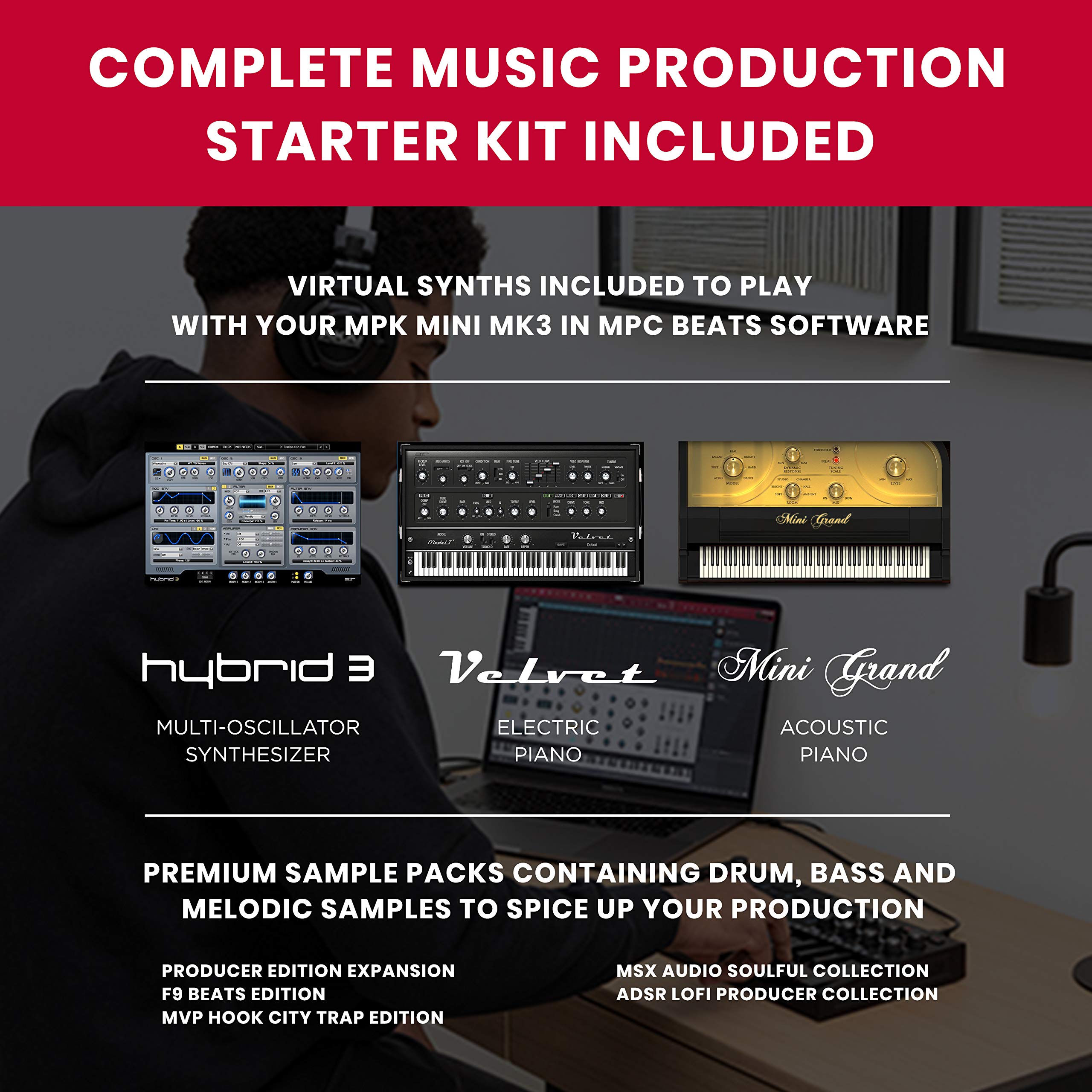 Akai MPK Mini MK3 MIDI Keyboard Controller + M-Audio SP2 Sustain Pedal, with MPC Beats and Software Suite β Beat Maker Bundle (Black)