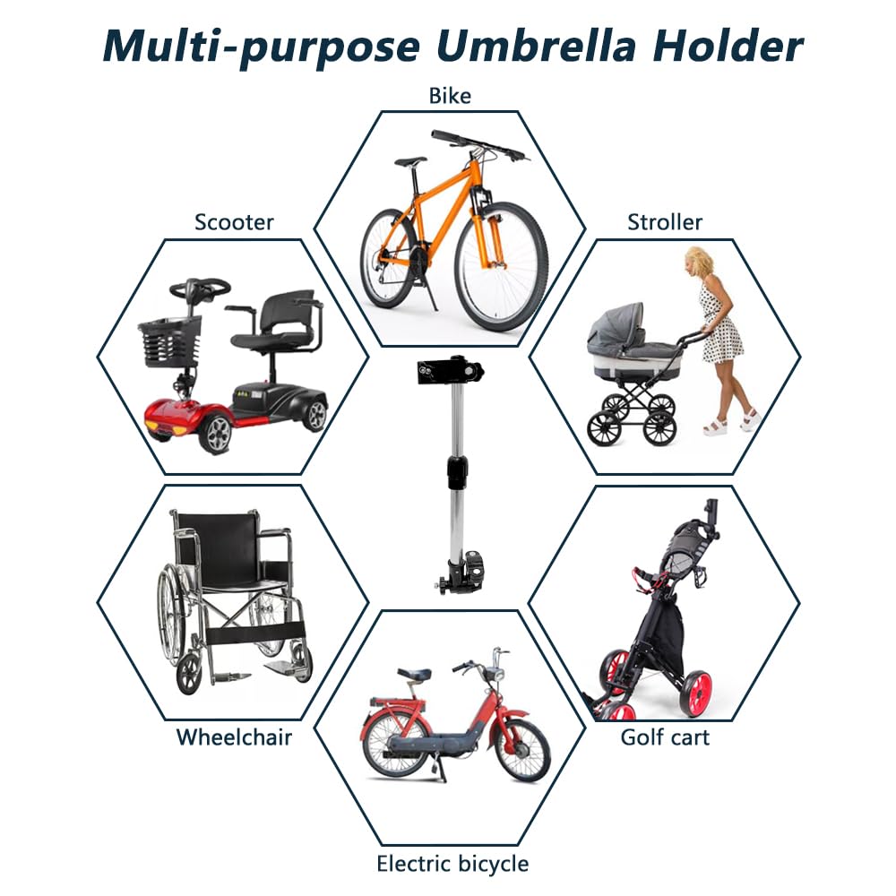Umbrella Holder for Elderly Mobility Scooter, Wheelchair Grip Mount Stand Adjustable Stretch Bracket Accessories, Fits for 0.78"-1.2" Handlebar