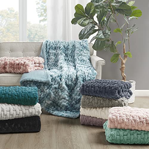 Madison Park Ruched Fur Luxury Throw Premium Soft Cozy Brushed Long Faux Fur For Bed, Couch or Sofa , 50x60" , Grey