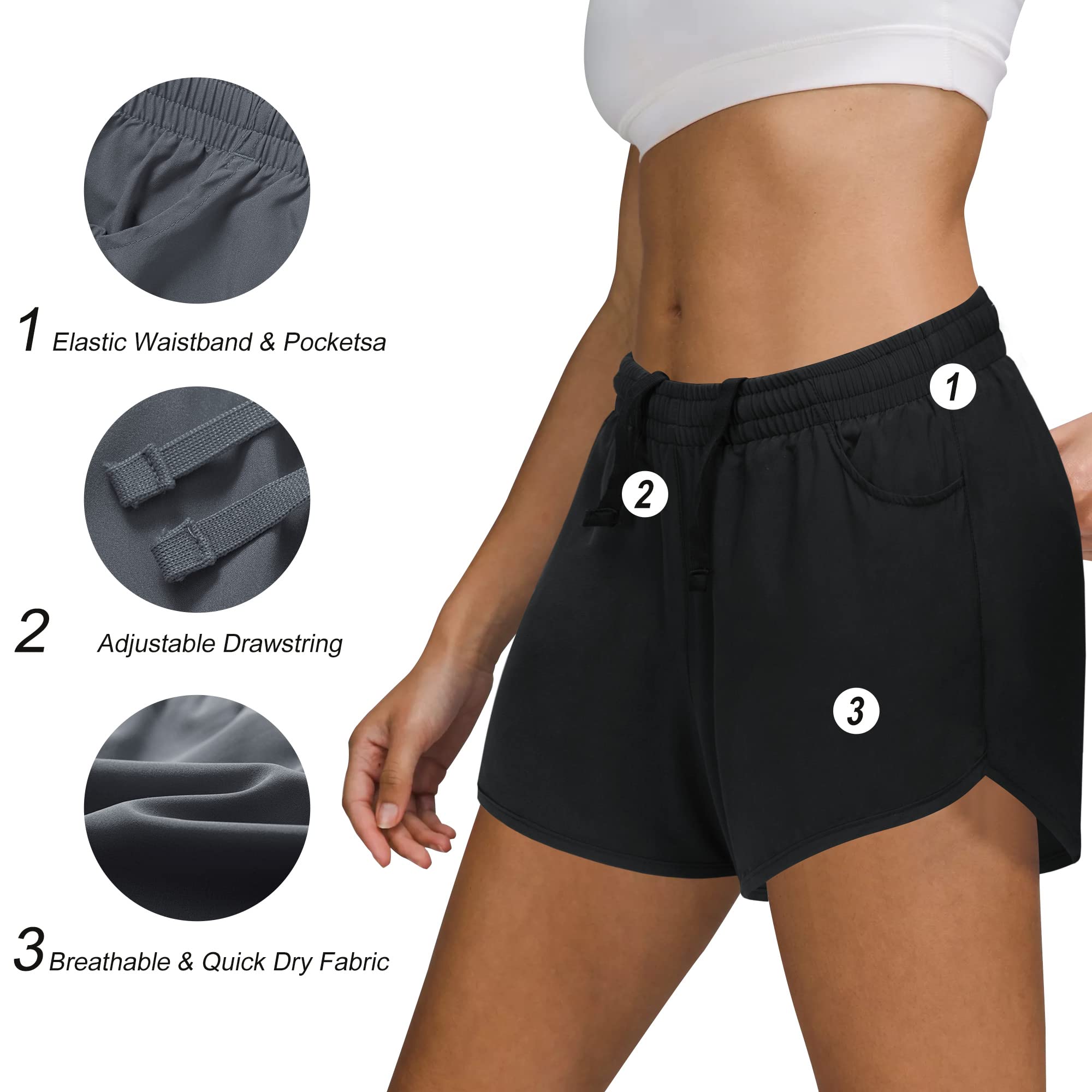 BALENNZ Quick Dry Athletic Shorts for Women Pack Elastic Waist Womens Workout Gym Sport Running Shorts with Pockets 3 Pack Black&Navy&Deep Grey Medium