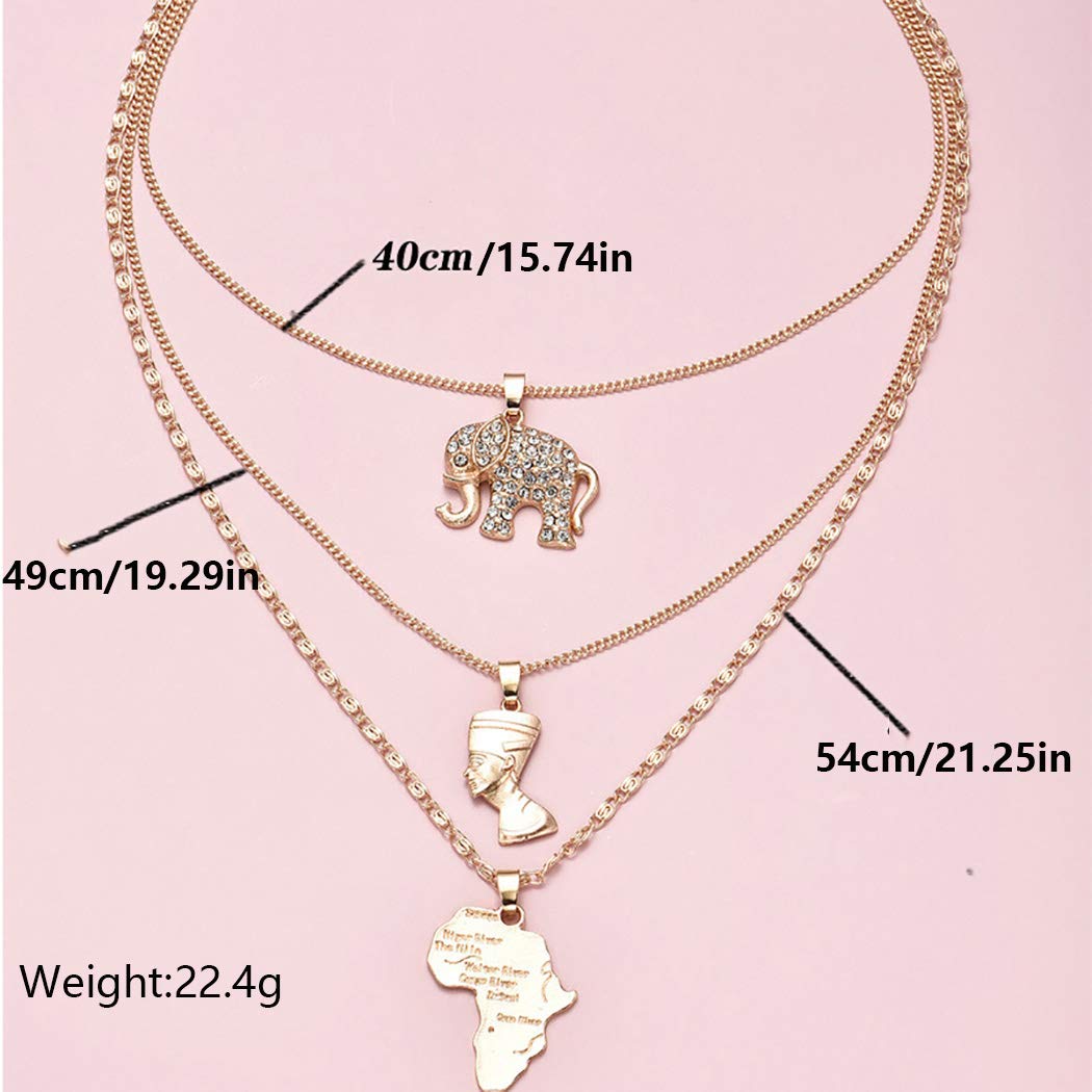 ACEDRE Africa Map Choker Necklace Crystal Elephant Layered Pendant Necklace Chains Gold Gothic Egyptian Queen Beach Adjustable Jewelry Dainty Accessory for Women