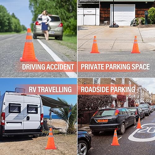 BATTIFE [4 Pack] 18'' inch Collapsible Traffic Safety Cones, Orange Cones, Multi Purpose Pop-up Cones with Reflective Collar, for Road Parking, Driving Practice