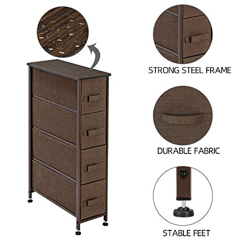 Narrow Dresser,Vertical Storage Unit with 4 Fabric Drawers, Metal Frame, Slim Storage Tower, 7.9β Width, for Living Room, Kitchen, Small Space, Gap (Brown)