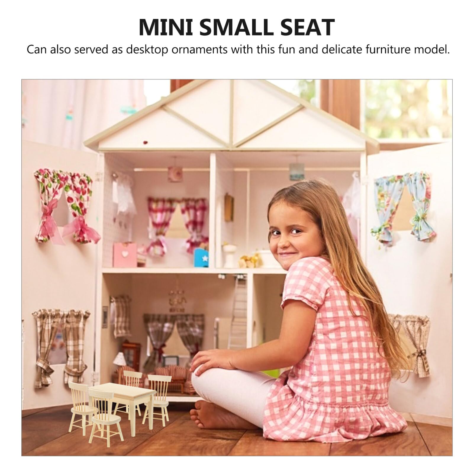 Dollhouse Miniature Dining Table Chair Wooden Furniture Set Miniature Figurines for Kids Decor Ornament Dark Red
