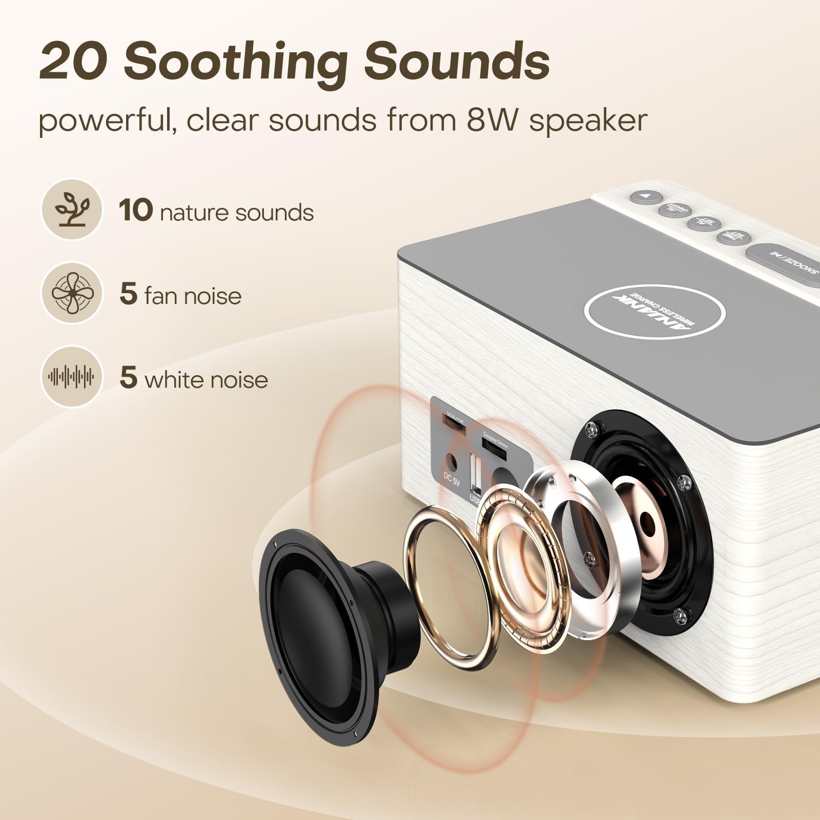 ANJANK Wooden Sound Machine Alarm Clock for Bedroom, Bluetooth Speaker, Wireless Charging Station for iPhone/Samsung, Sleep Timer, 0-100% Dimmer, White Noise Machine for Sleeping Adults with 20 Sounds