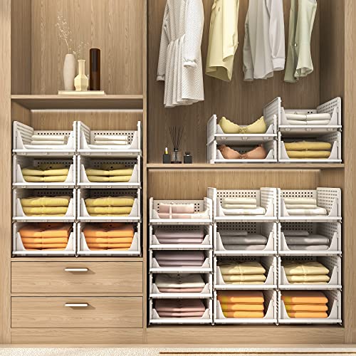 Pinkpum Stackable Plastic Storage Basket-Foldable Closet Organizers and Storage Bins 4 Pack-Drawer Shelf Storage Container for Wardrobe Cupboard Kitchen Bathroom Office 2S+2L