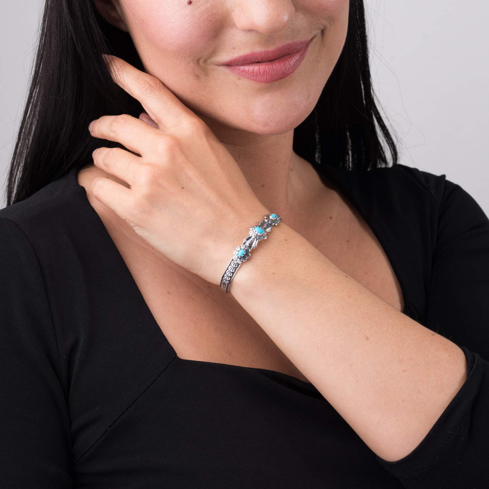 American West Sterling Silver Women's Cuff Bracelet Sleeping Beauty Turquoise Gemstone Flower Concha Design Size Small