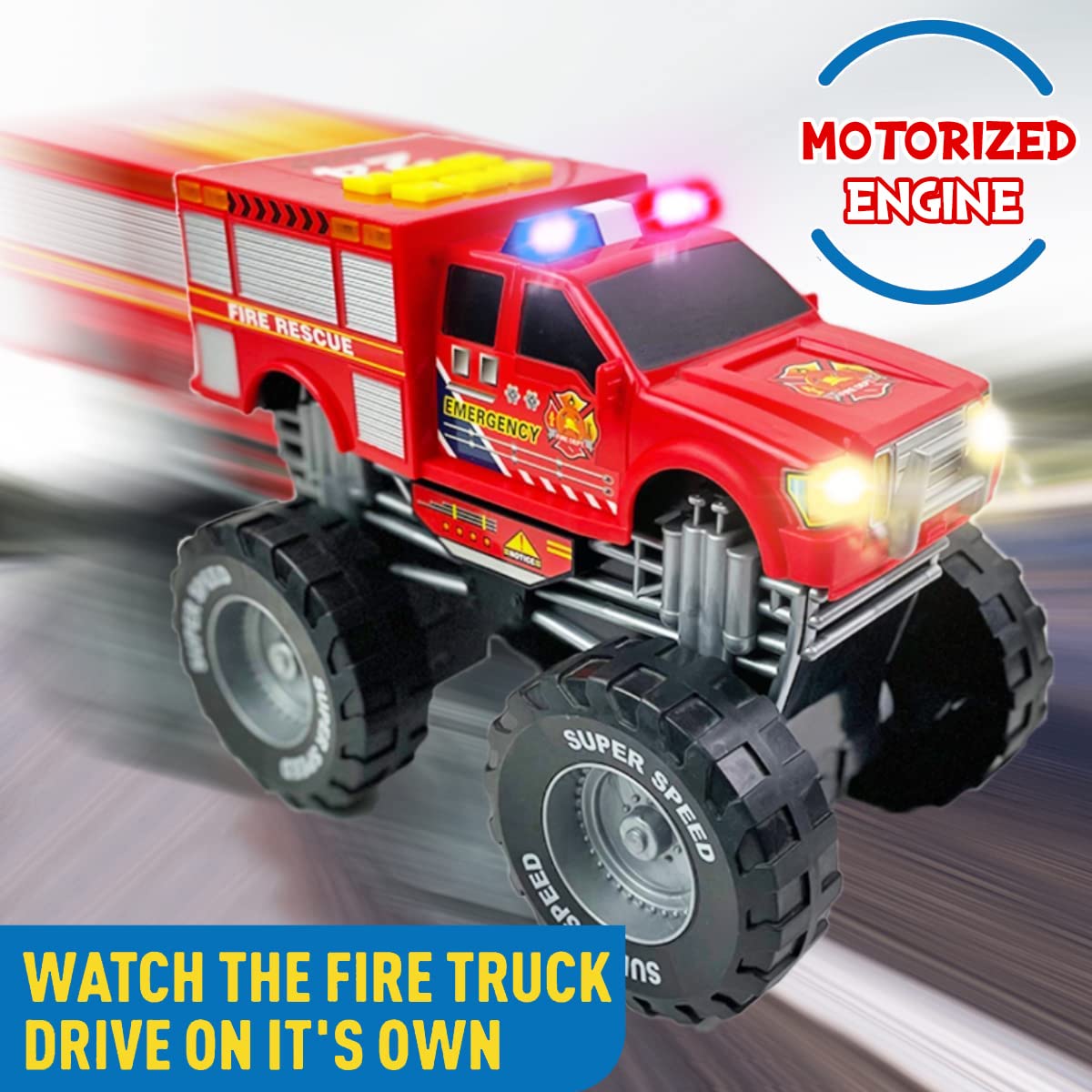 Liberty Imports Motorized Mighty Monster Truck Toy Kids, Electric Motor Vehicle with Big Wheels, Button Action, Sounds and Flashing Lights (Fire Engine)