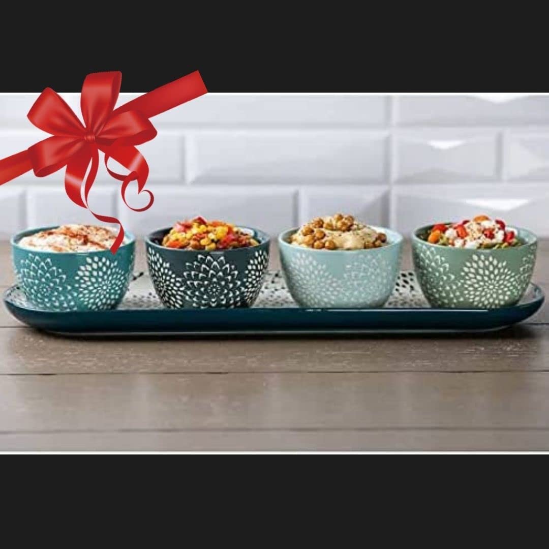 BAUM Mums Ceramic Serve 5-piece Serve Set (1) Tray & (4) Bowls Blue Floral Appetizer Serving Bowls Set, White