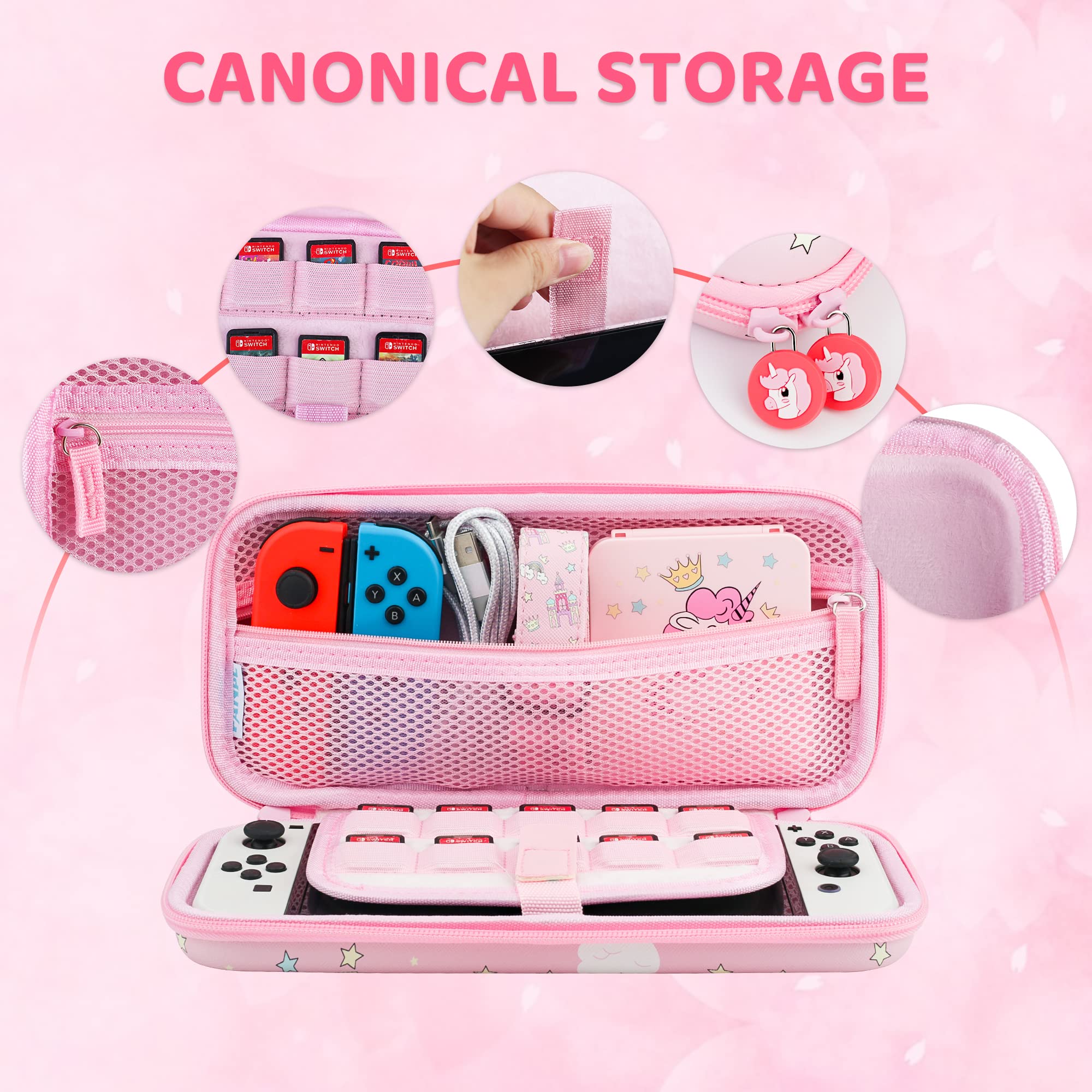 FANPL Carrying Case for Nintendo Switch & OLED Mode, Pink Cute Unicorn Travel Hard Protectiv Cover for Switch with Games Case