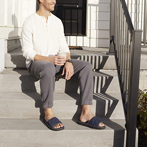 Dearfoams Men's Indoor/Outdoor Adjustable Machine Washable Memory Foam Terry Slide Slipper, Navy Blazer (Quilted), 11-12
