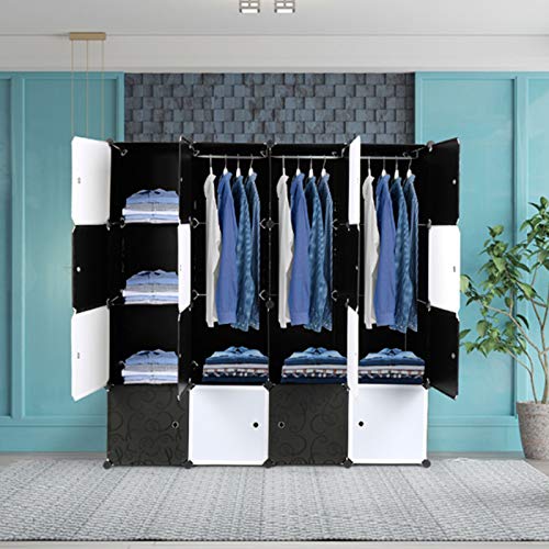 DWLOMHE Wardrobe Cabinet,Bookcase Modular DIY Plastic Cabinet, Storage Shelves for Lounge, Office,with 3 Clothes Rails,16 Cubes