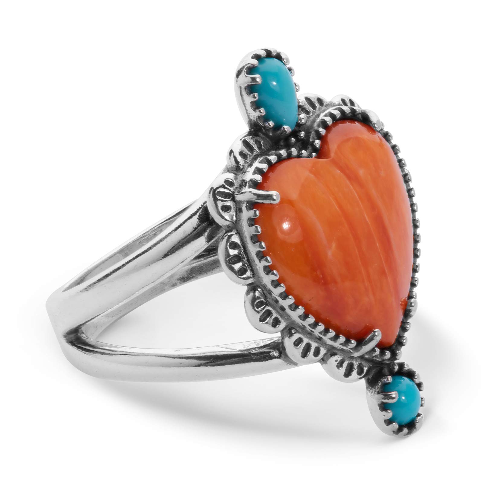 American West Sterling Silver Women's Statement Ring Spiny Oyster & Turquoise Gemstone Heart Design Size 8