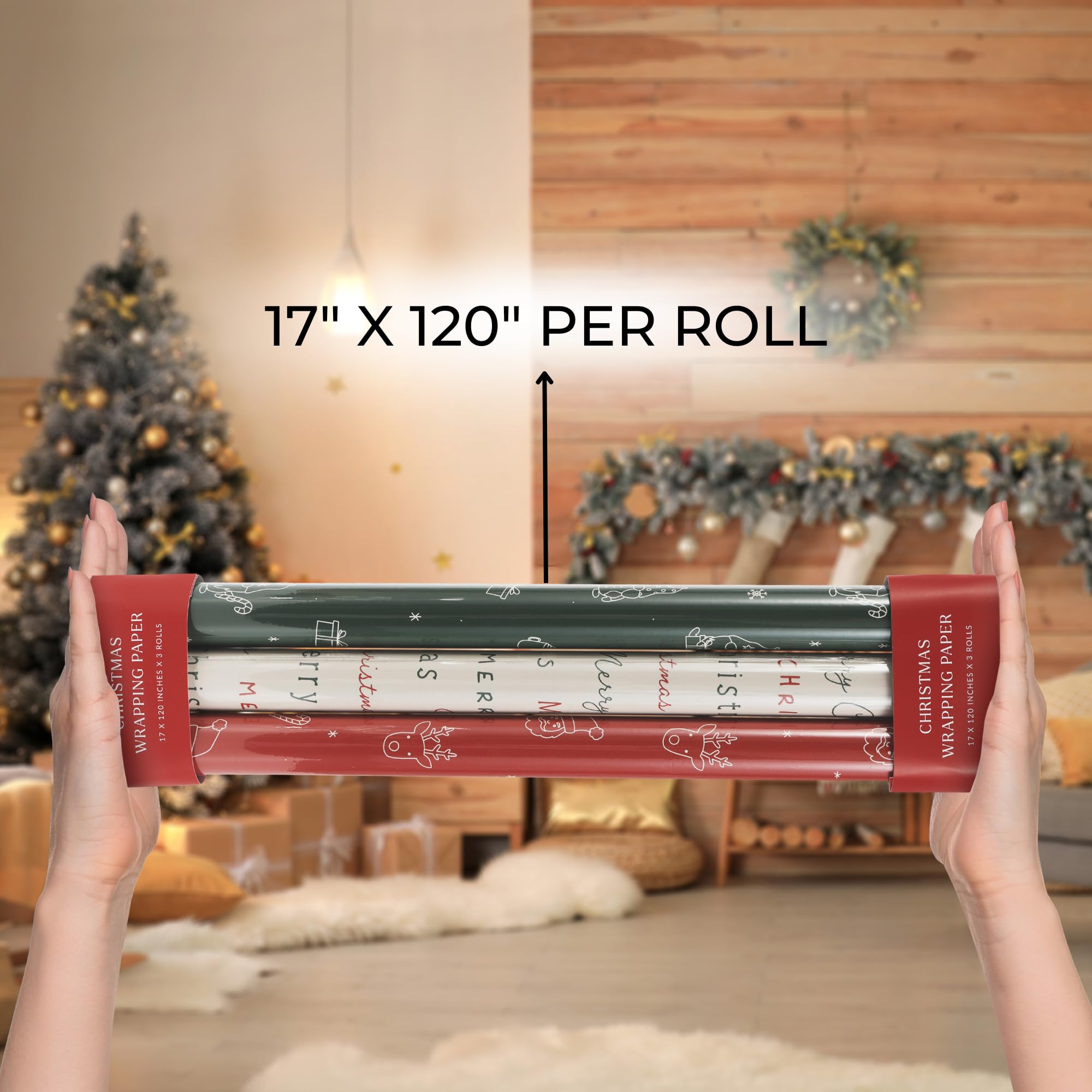 Beautiful Christmas Gift Wrapping Paper Rolls - Set of 3 Quality Paper Rolls With Cute Designs For Small & Medium Size Gifts - Add a Touch of Magic to Every Gift You Wrap - 17 in x 120 in Per Roll