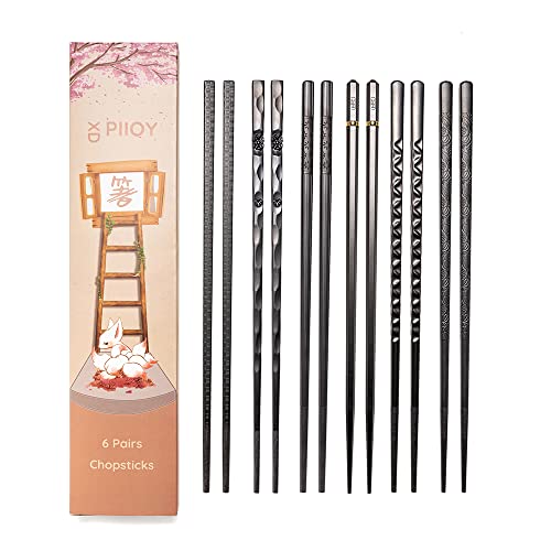 DXPIIOY Japanese Chopstick,Dishwasher Safe,6 Pairs Reusable Black Fancy Fiberglass Chopsticks With Gift Case,lightweight Non-Slip Chop Sticks Set,For Eating Salmon Sushi Noodles ,9.6 Inch - Black