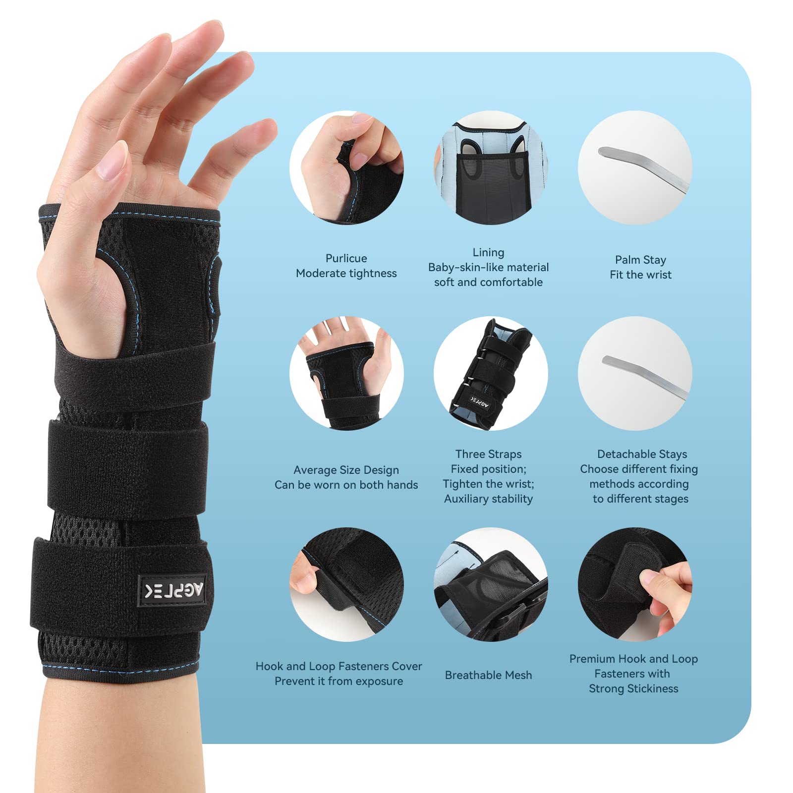 AGPTEK Wrist Brace for Carpal Tunnel Relief, Tendonitis, Arthritis, Sprains, Women Men Adjustable Wrist Splint with 3 Stays, Fits for Both Hand 1 Pack.