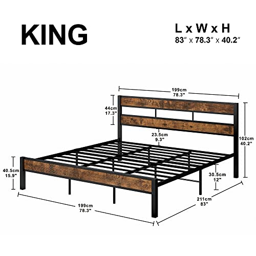 LIKIMIO King Bed Frame, Easy Assembly, Noise-Free, No Box Spring Needed, Heavy Strong Metal Support Frames, Double-Row Support Bars, Vintage Brown