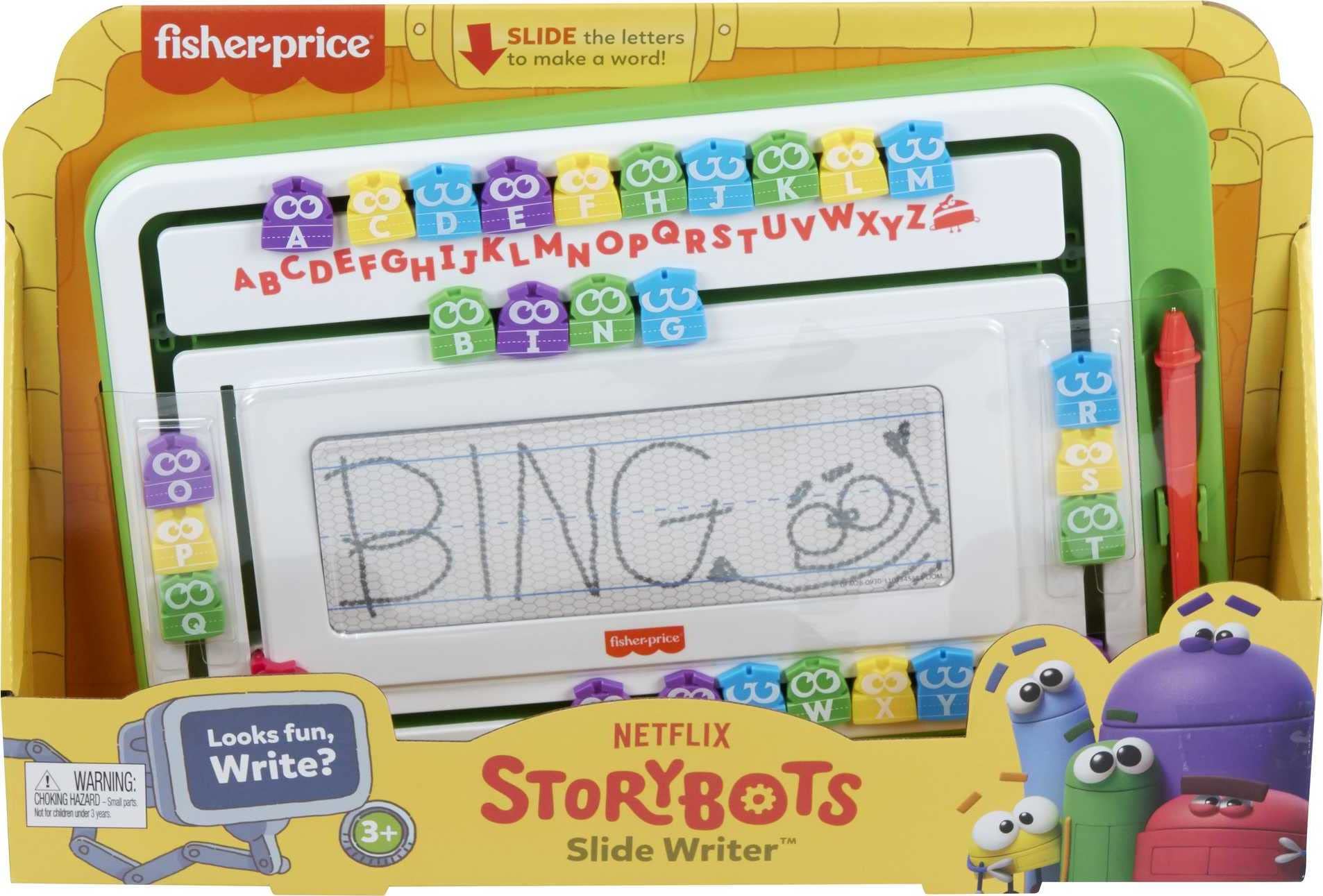Fisher-Price StoryBots Slide Writer, mess-free magnetic drawing tablet with tethered pen and character stencil for preschool kids ages 3 years and up