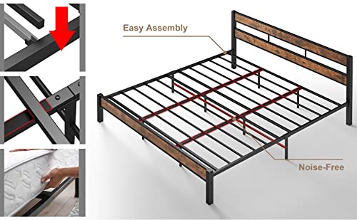 LIKIMIO King Bed Frame, Easy Assembly, Noise-Free, No Box Spring Needed, Heavy Strong Metal Support Frames, Double-Row Support Bars, Vintage Brown
