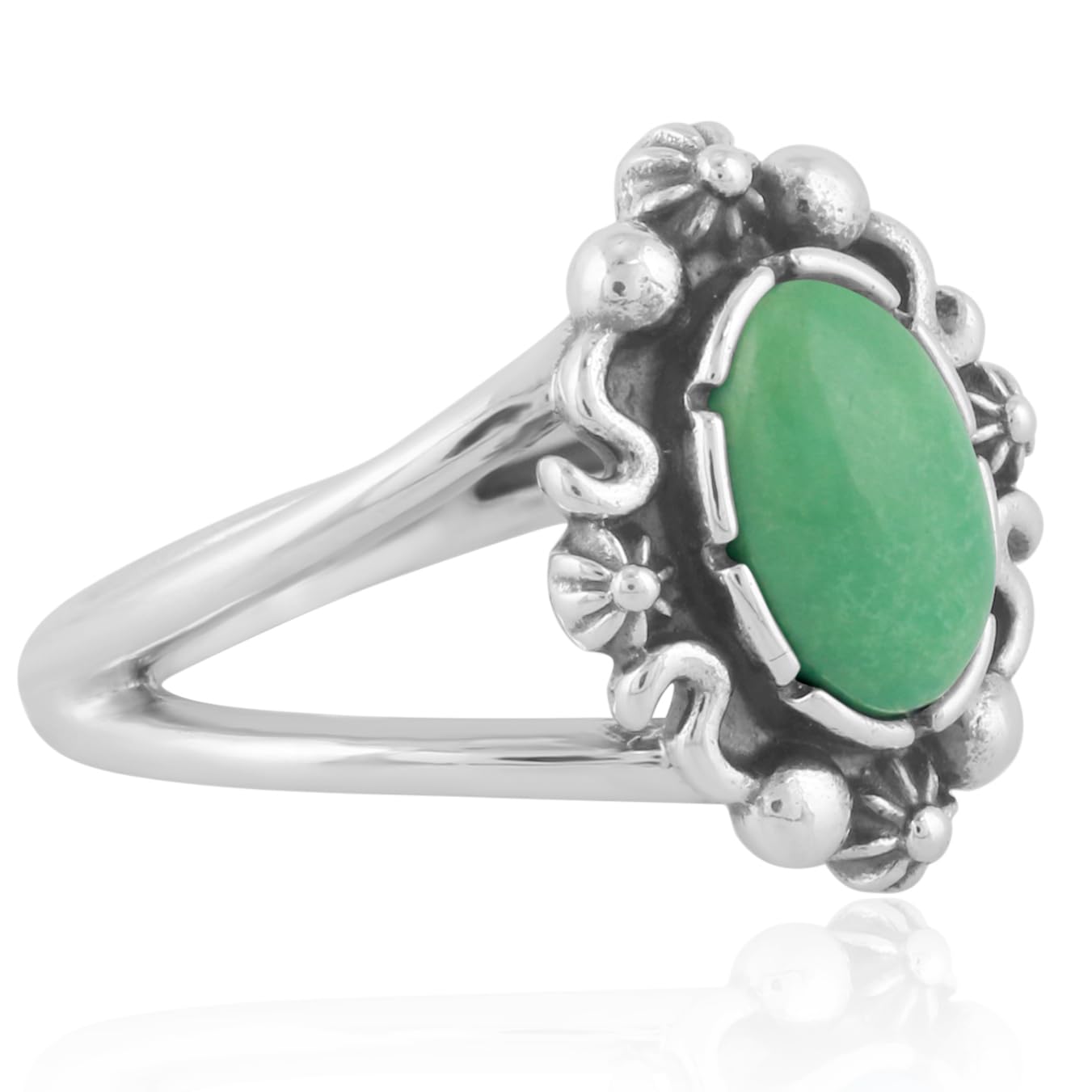 American West Sterling Silver Women's Statement Ring Green Turquoise Gemstone Flower Swirl Oval Design Size 8