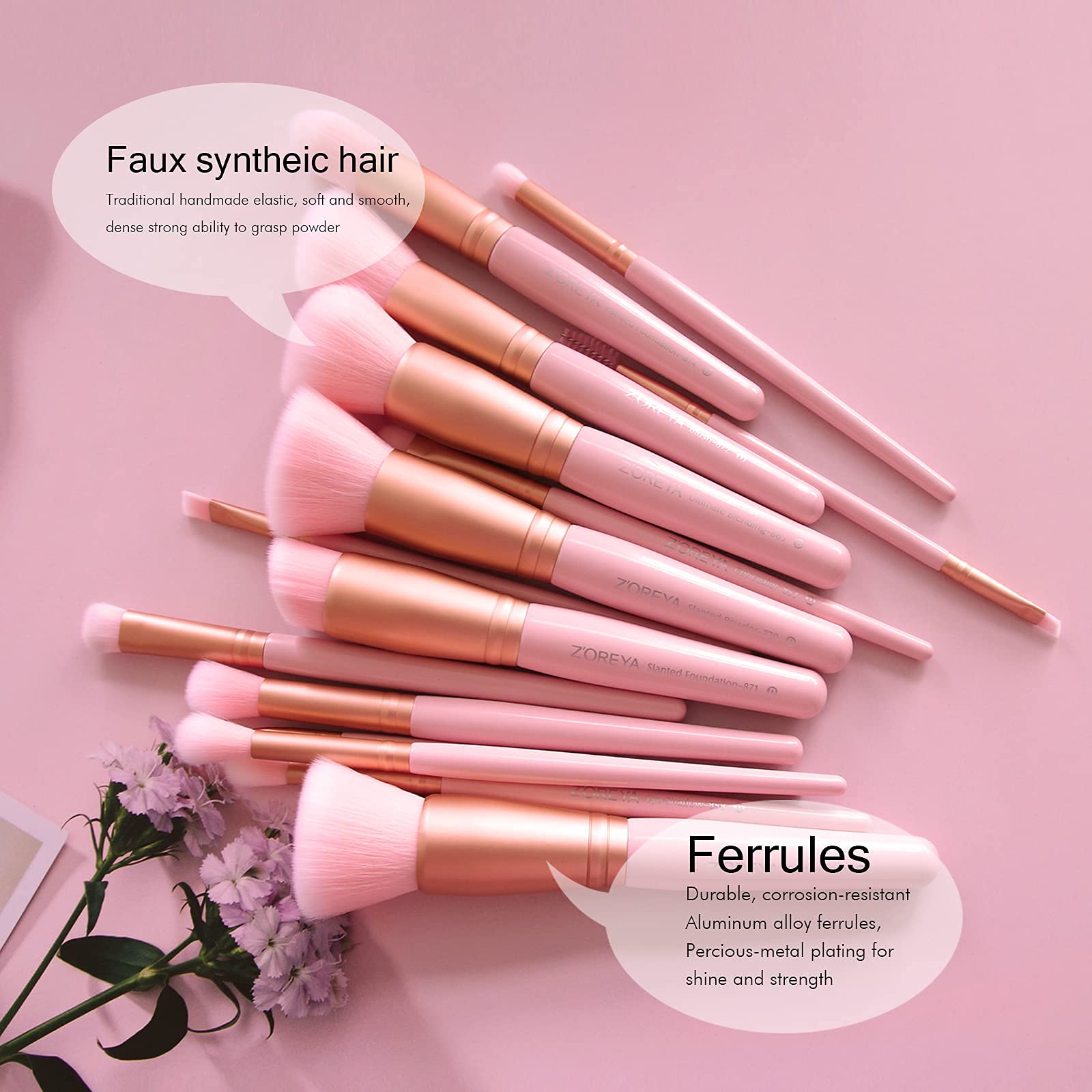 Z'OREYA Makeup Brushes 15Pcs Makeup Brush Set Premium Synthetic Kabuki Brush Cosmetics Foundation Concealers Powder Blush Blending Face Eye Shadows Brush Set (Pink)
