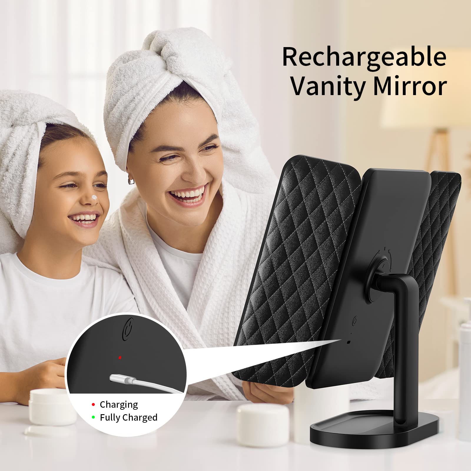 Benbilry Trifold Lighted Vanity Makeup Mirror with 74 LED Lights, 3 Color Lights & Stepless Dimming, 1X/3X/5X/10X Magnification & 2000mAh Rechargeable Magnifying Light Up Mirror, Gift for Women(Black)