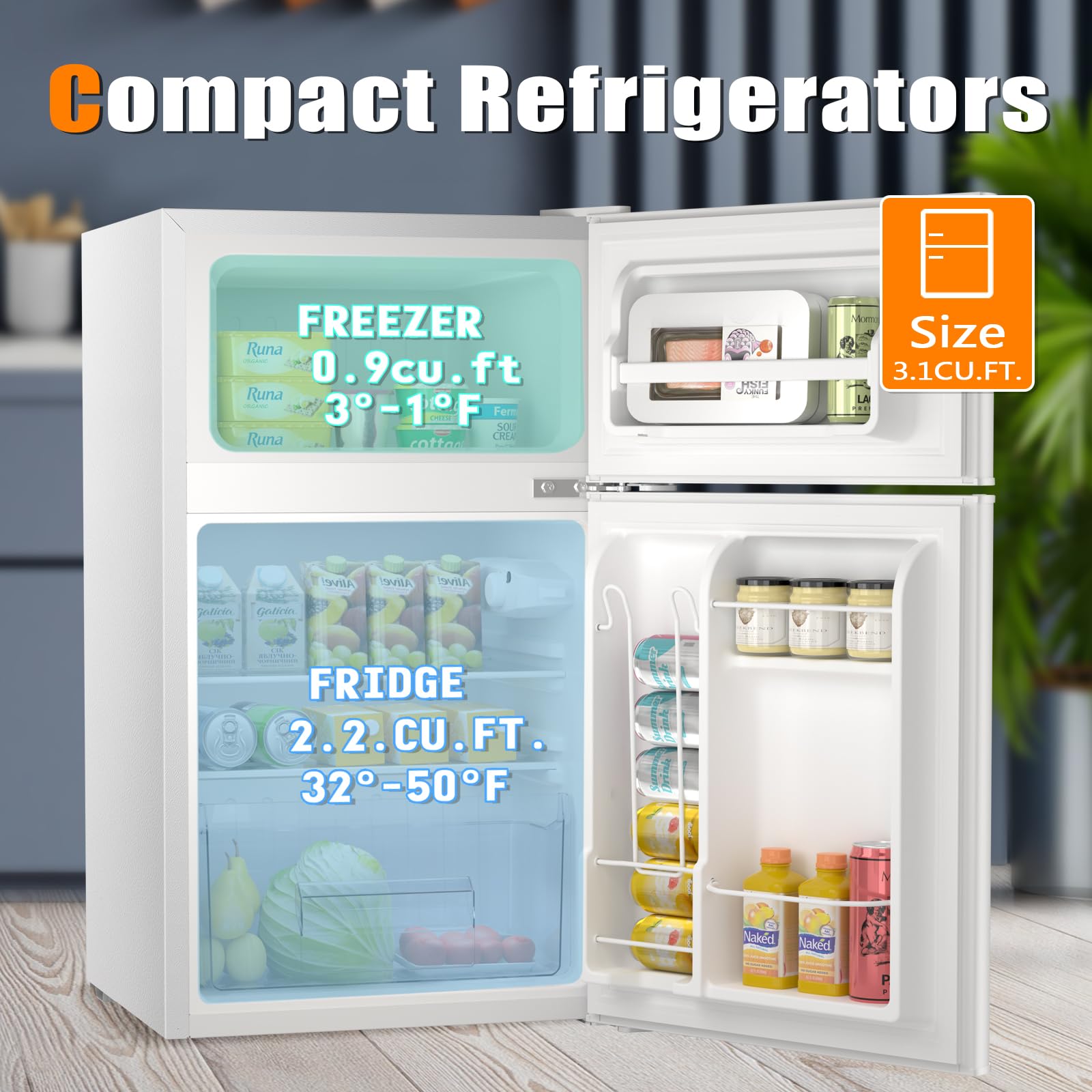 Antarctic Star Mini Fridge 3.1Cu.Ft Compact Refrigerator 2-Doors Freezer Low Noise Defrost Storage of Beverages Vegetables Fruits Kitchen Living Room Office Dormitory White