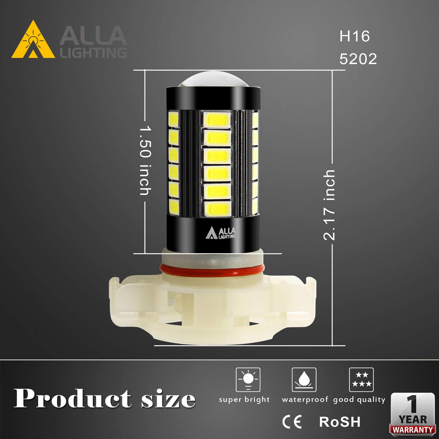 Alla Lighting 5201 DRL PS19W 5202 LED Fog Lights Bulbs 9009 PS24W FF 12085 C1, 6000K Xenon White 2800lm Xtreme Super Bright 5730 33-SMD 12V Daytime Running Lights Lamps Replacement