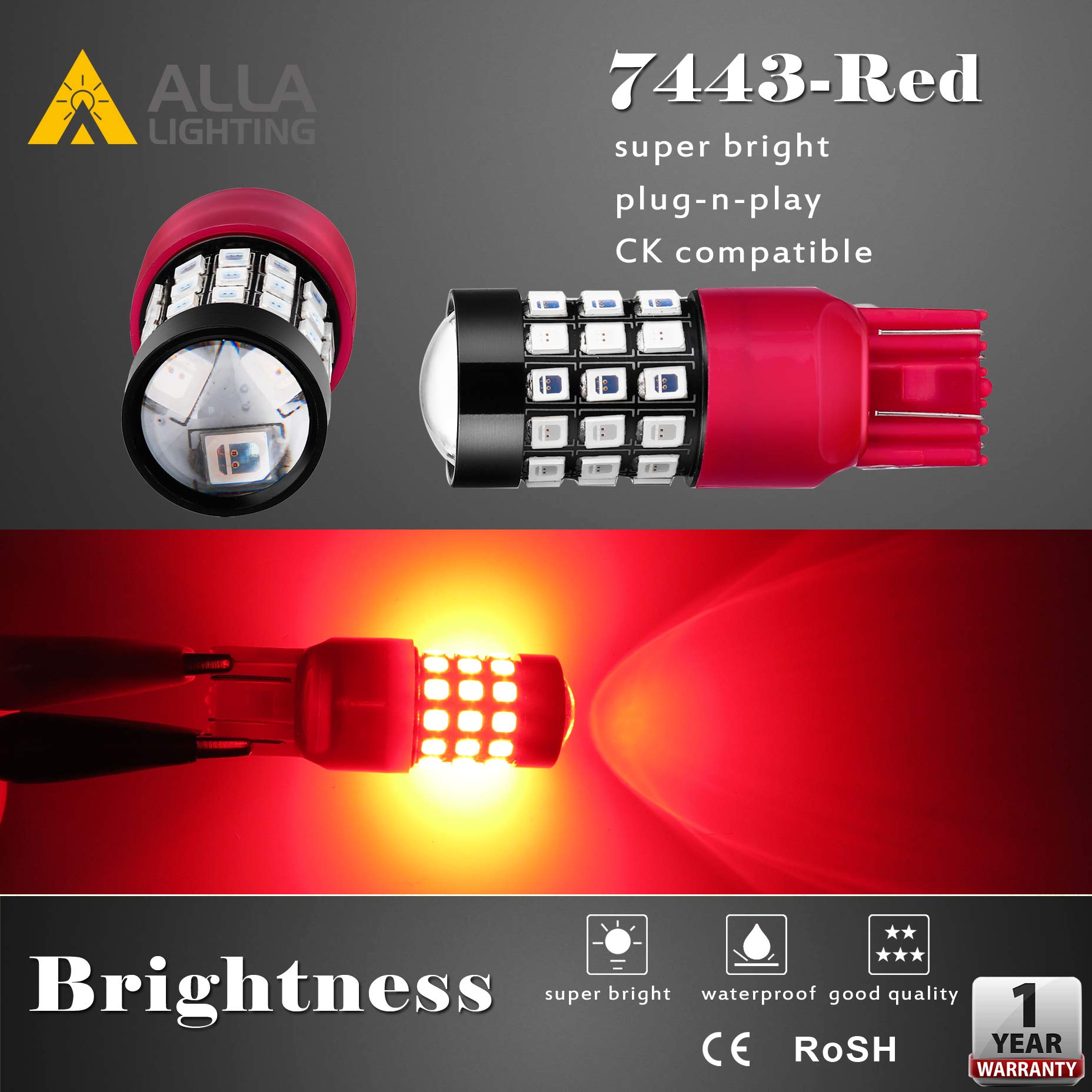 Alla Lighting Upgraded T20 7440 7443 LED Strobe Brake Lights Bulbs, Red Flashing Stop Lamps, W21W 7440LL 7443LL Strobe LED Taillights Replacement for Cars, Trucks, SUVs, Vans