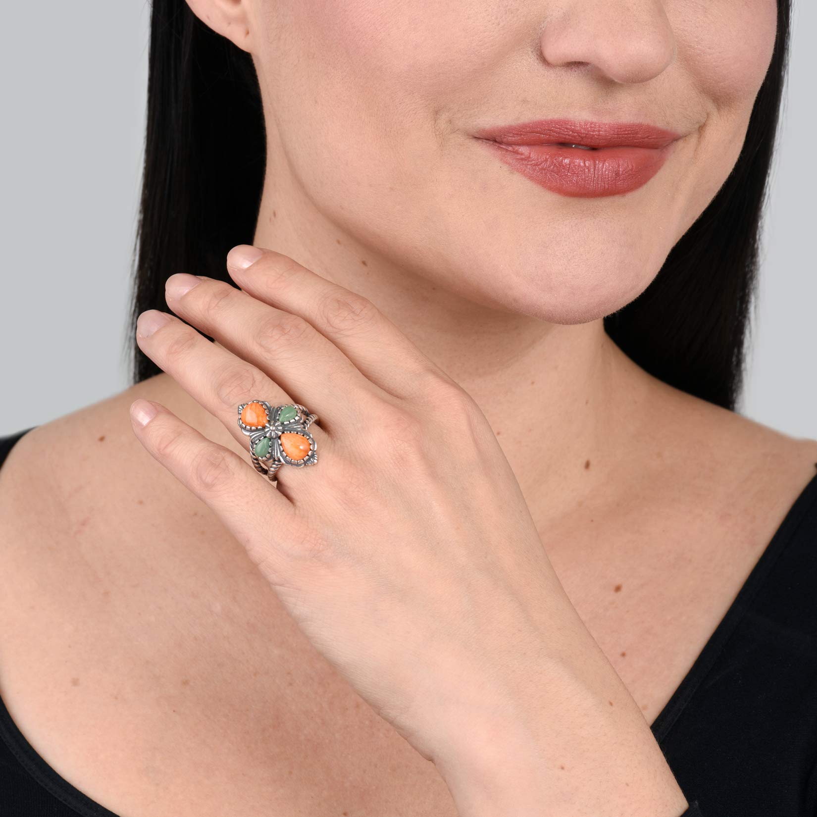 American West Sterling Turquoise & Spiny Oyster Gemstone Flower Cross Ring Size 9