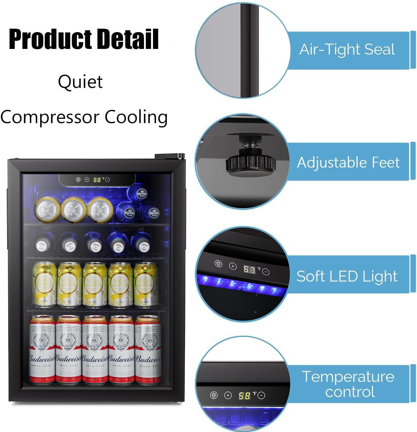 Antarctic Star Beverage Refrigerator Cooler-85 Can Mini Fridge Glass Door for Soda Beer Wine Stainless Steel Glass Door Small Drink Dispenser Digital Display for Home, Office Bar,2.4cu.ft
