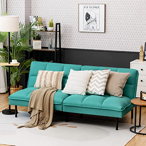 Giantex Sofa Bed, Convertible Sleeper Couch, Linen Fabric Futon, Recliner with 3 Level Adjustable Backrest, Metal Legs, 71βx35.5βx31β, Living Room Bedroom Reception Room (Turquoise)
